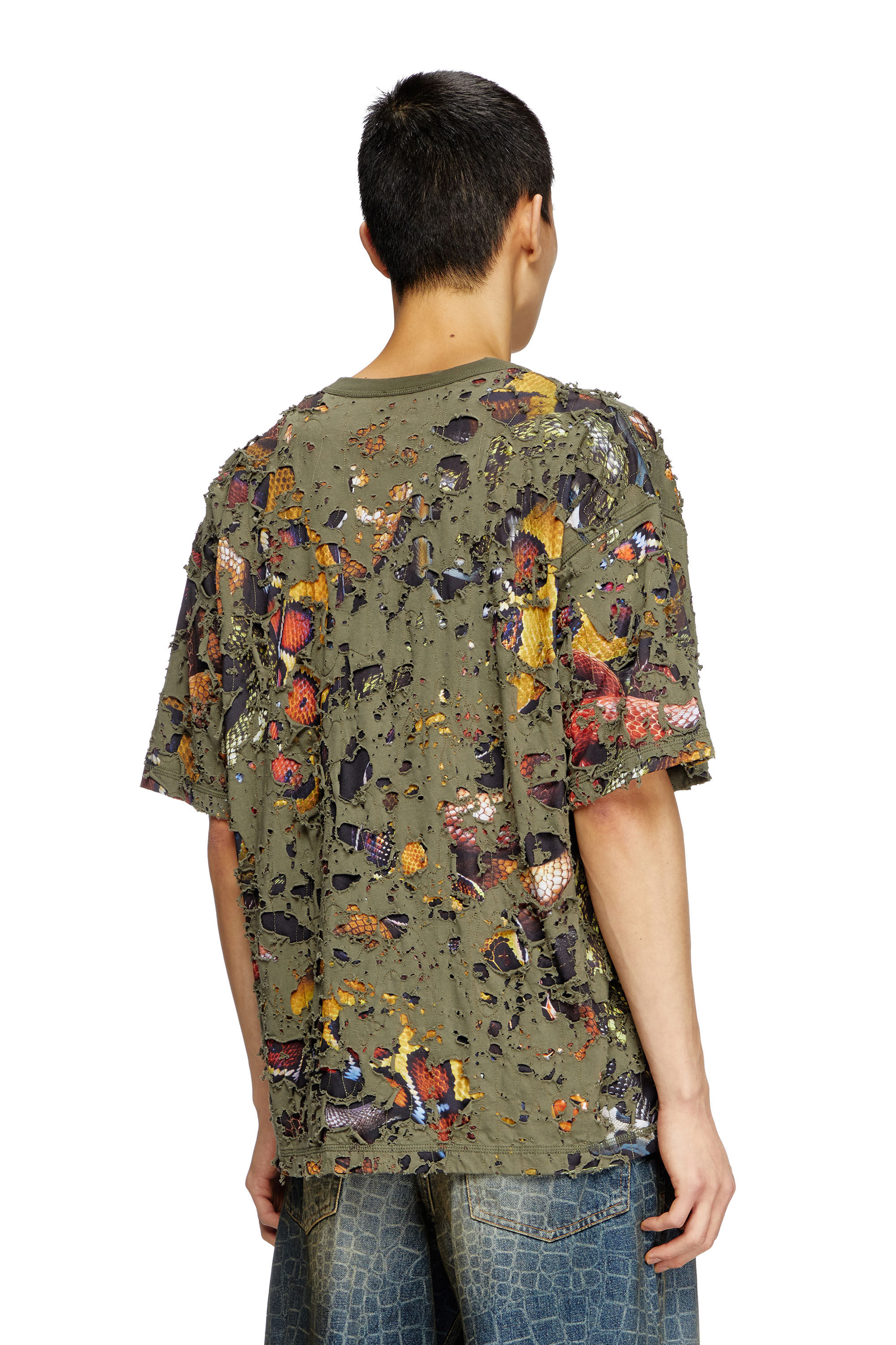 Women's Snake-print T-shirt with destroyed overlay | Green Women's Snake-print T-shirt with destroyed overlay | Green