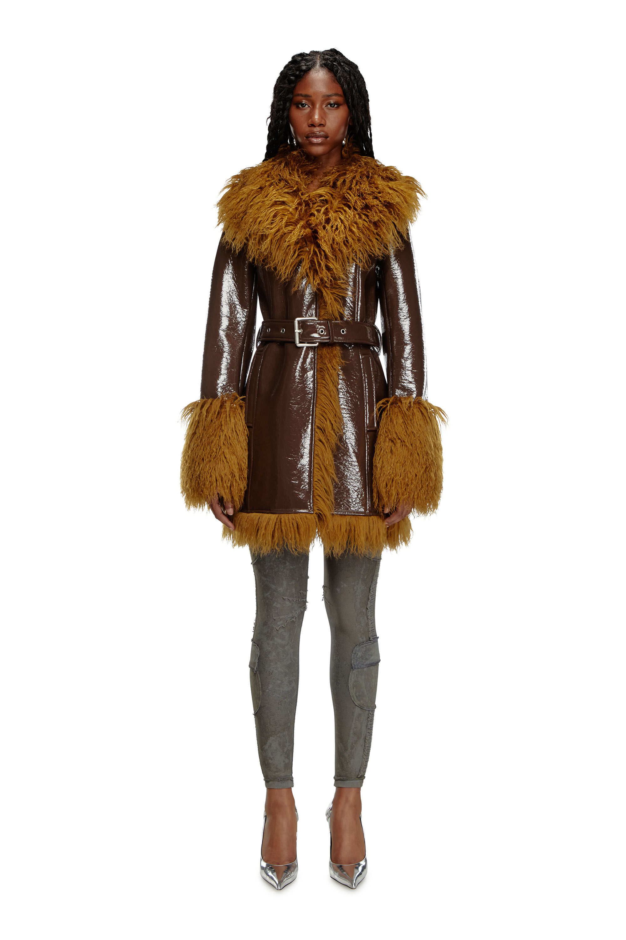 Women's Coated trench coat with shaggy trims | Brown | Diesel Women's Coated trench coat with shaggy trims | Brown | Diesel