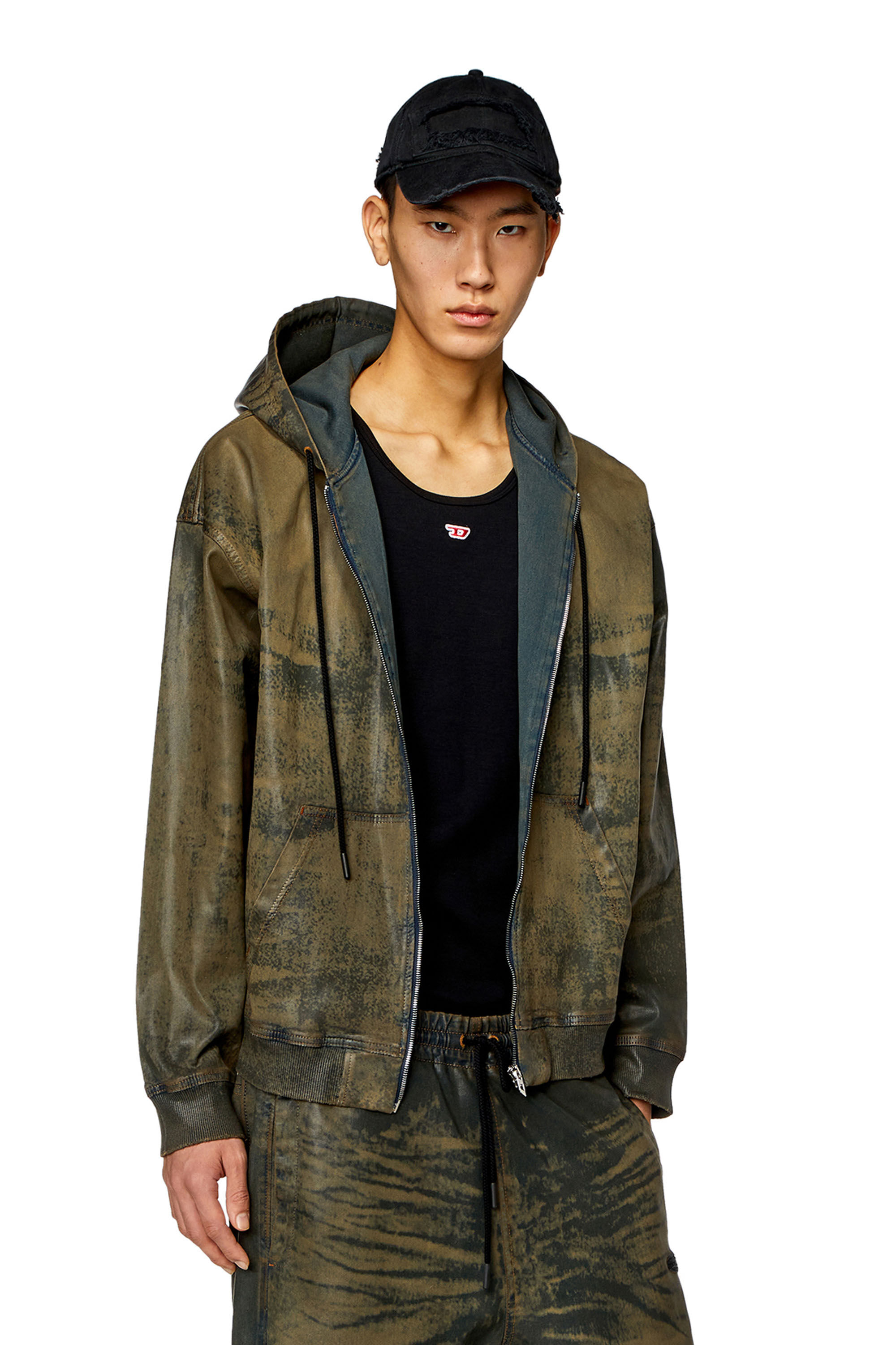 Women's Zip hoodie in laser-print Track Denim | Brown | Diesel Women's Zip hoodie in laser-print Track Denim | Brown | Diesel